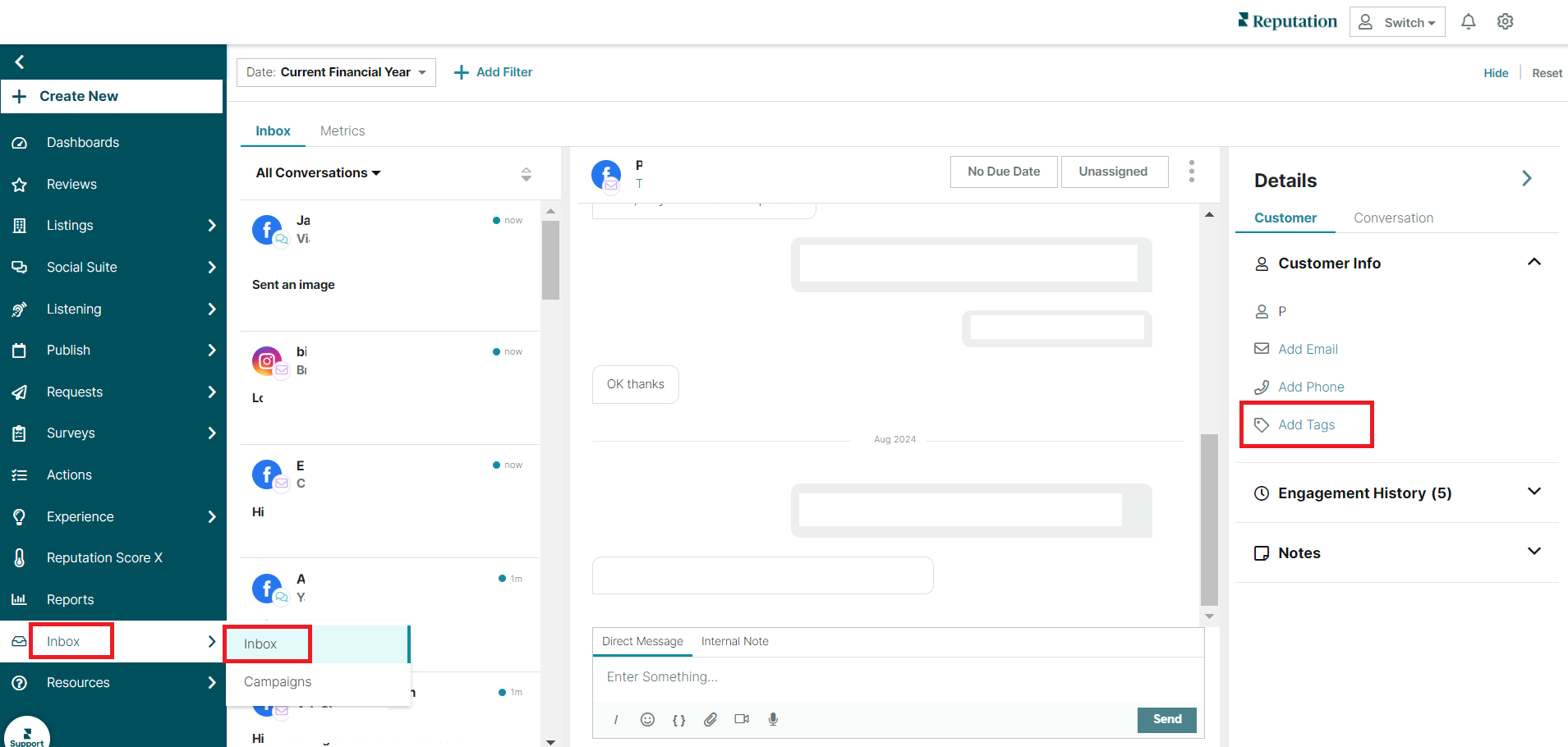 How do I add tags for Messages/Comments using the Inbox feature?